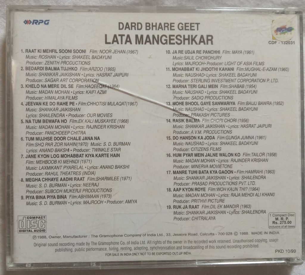 Dard Bhare Geet Lata Mangeshkar Hindi Audio CD - Tamil Audio CDs, Hindi ...